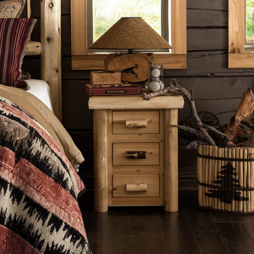 Hand Peeled Cedar Log 3 Drawer Nightstand
