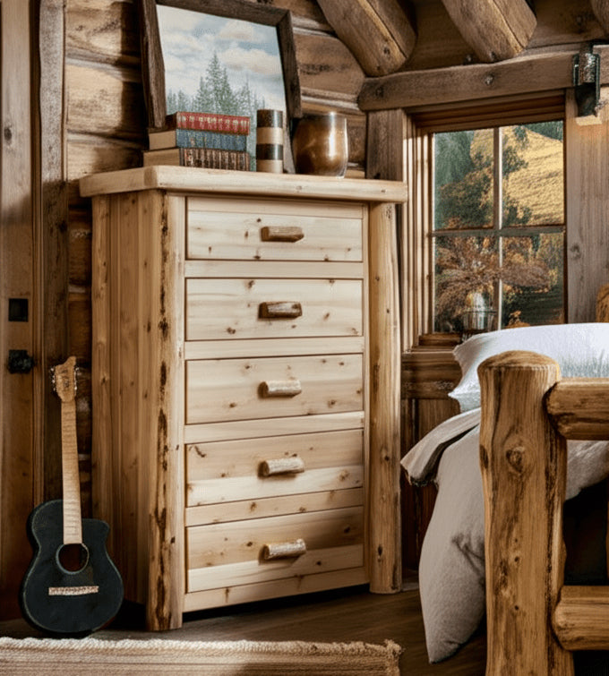 Hand Peeled Cedar 5-Drawer Chest | Rustic Log Furniture by Lakeland Mills