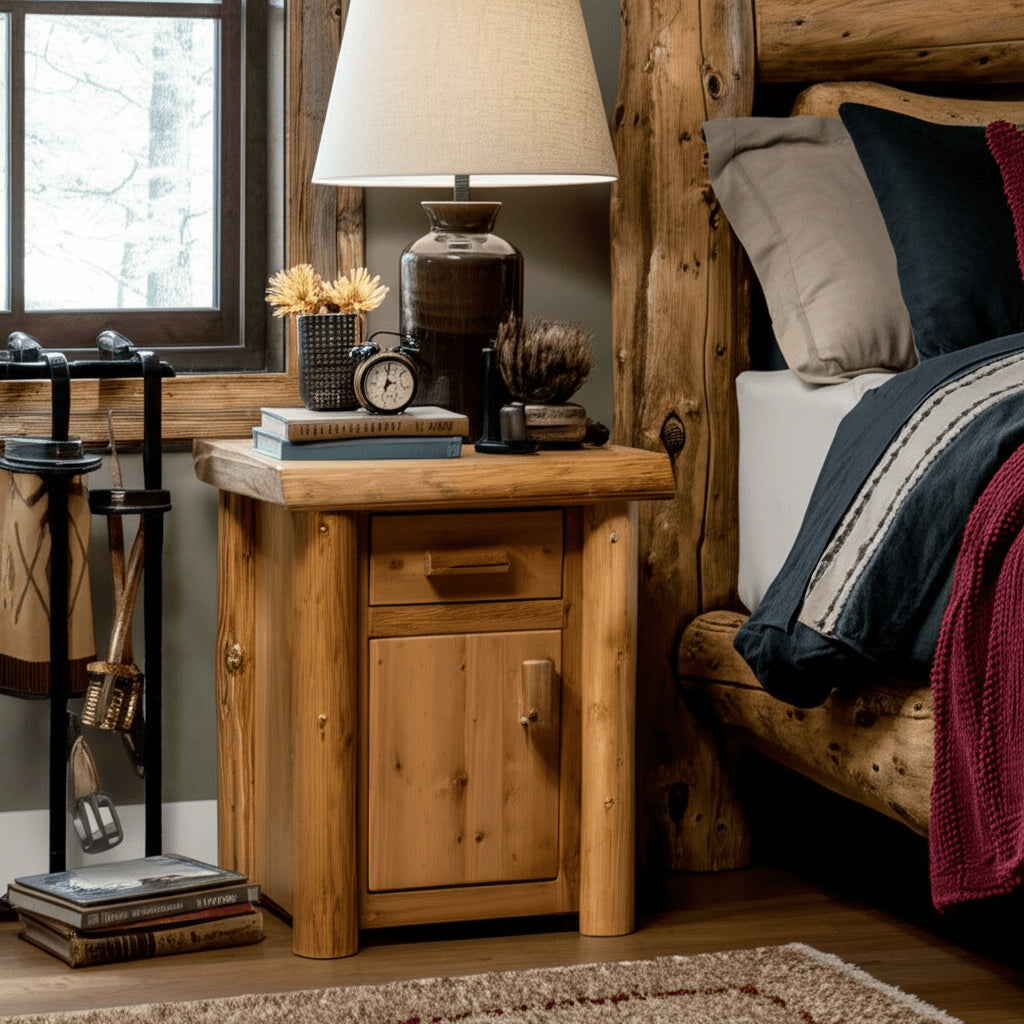 Hand Peeled Cedar Log Nightstand with Drawer & Door | Rustic Log Furniture